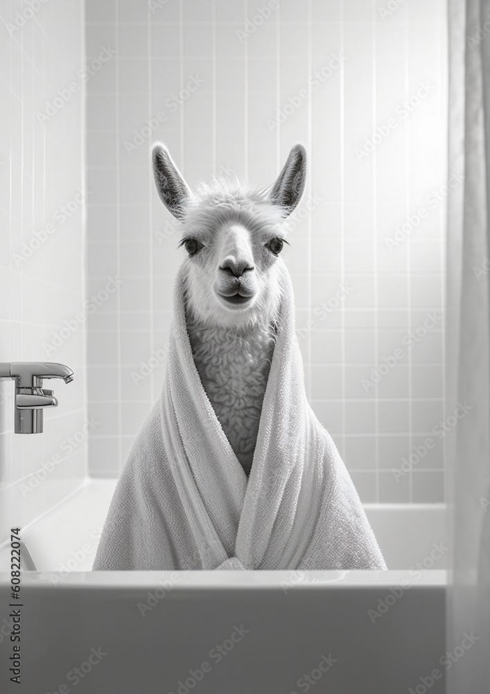 Llama in Bath, black and white lama bathing in the bathtub, funny ...