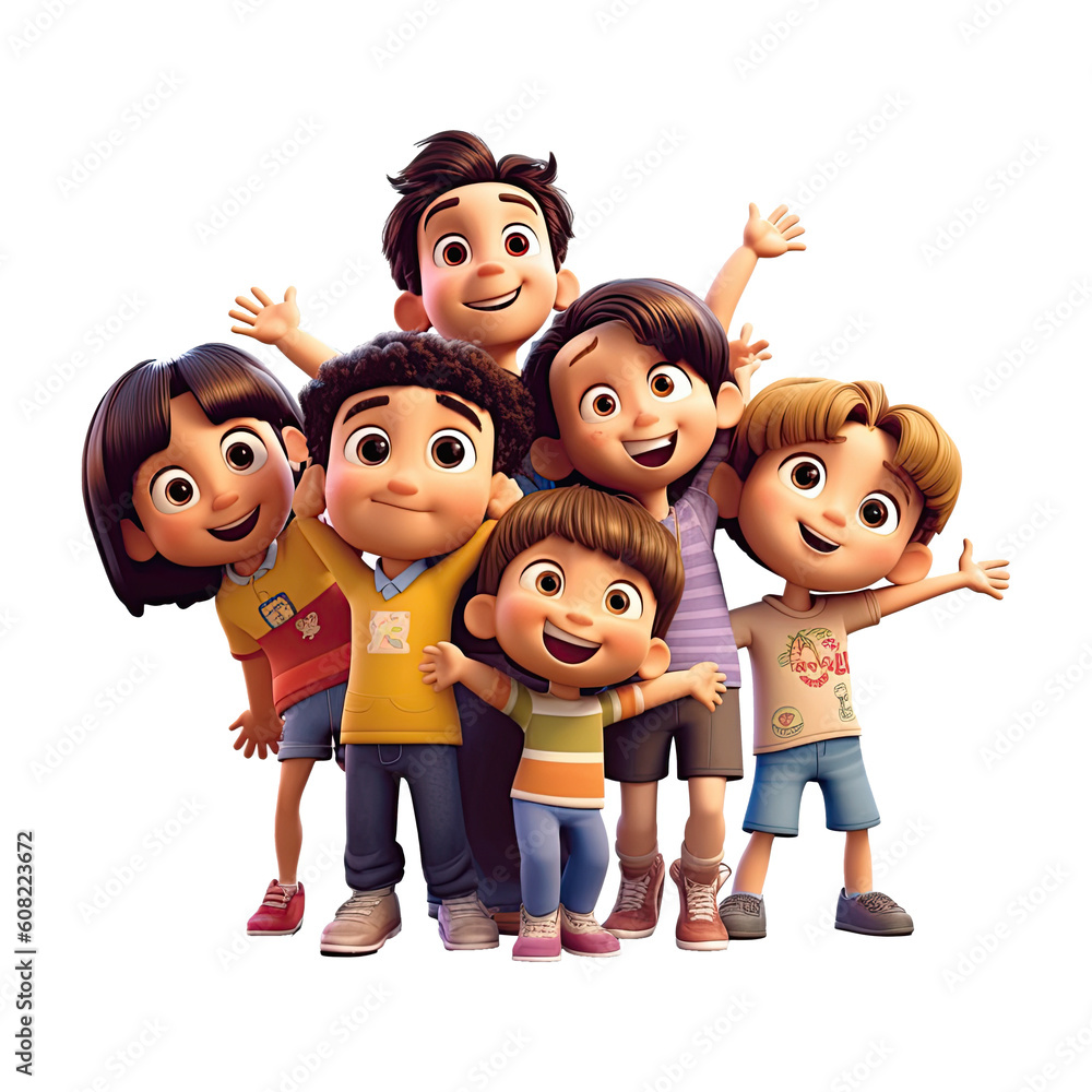 3D cartoon group of little children on transparent background ...