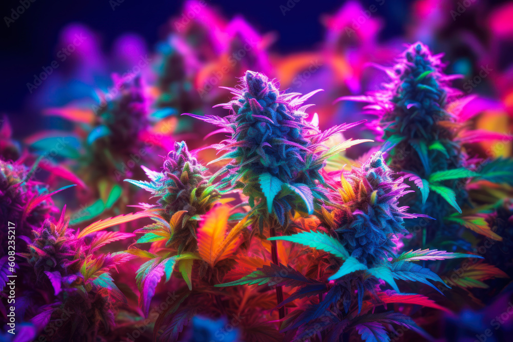 growing cannabis buds in led light beams generative ai Stock ...