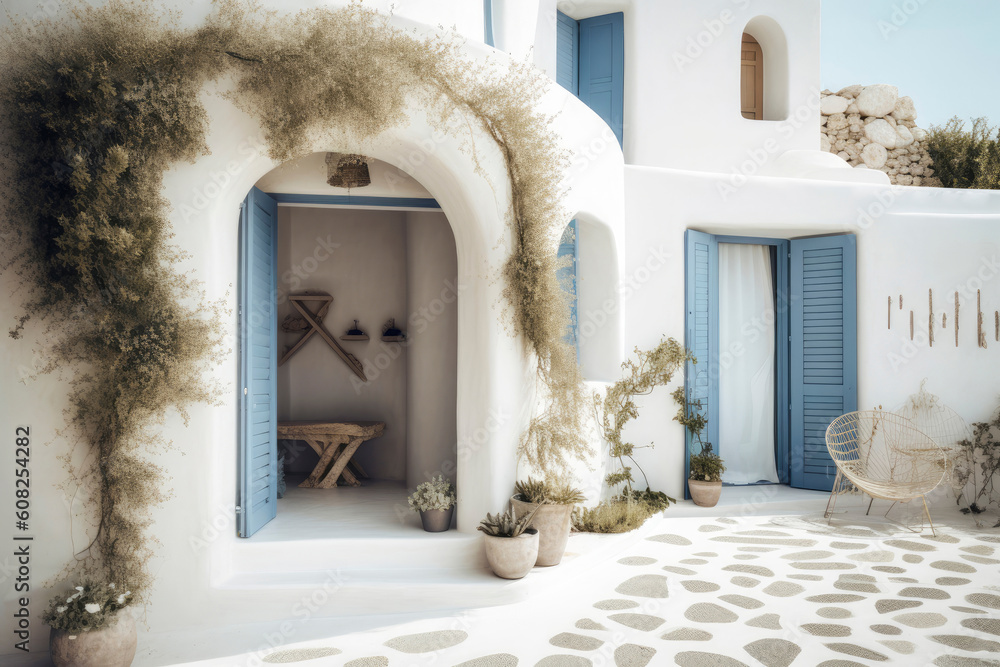 Mediterranean style white elegant house exterior with blue door and window. Modern greek ...