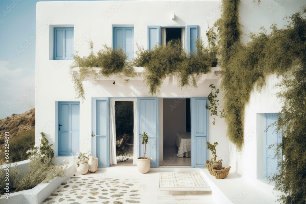 Mediterranean style white elegant house exterior with blue door and ...