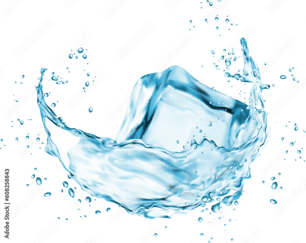 Transparent ice cube float in air with splash and droplets of water ...
