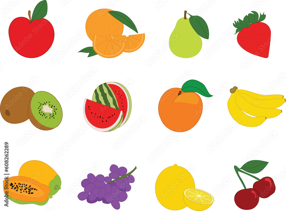 Vector illustration of a set of fruits in a white or transparent ...