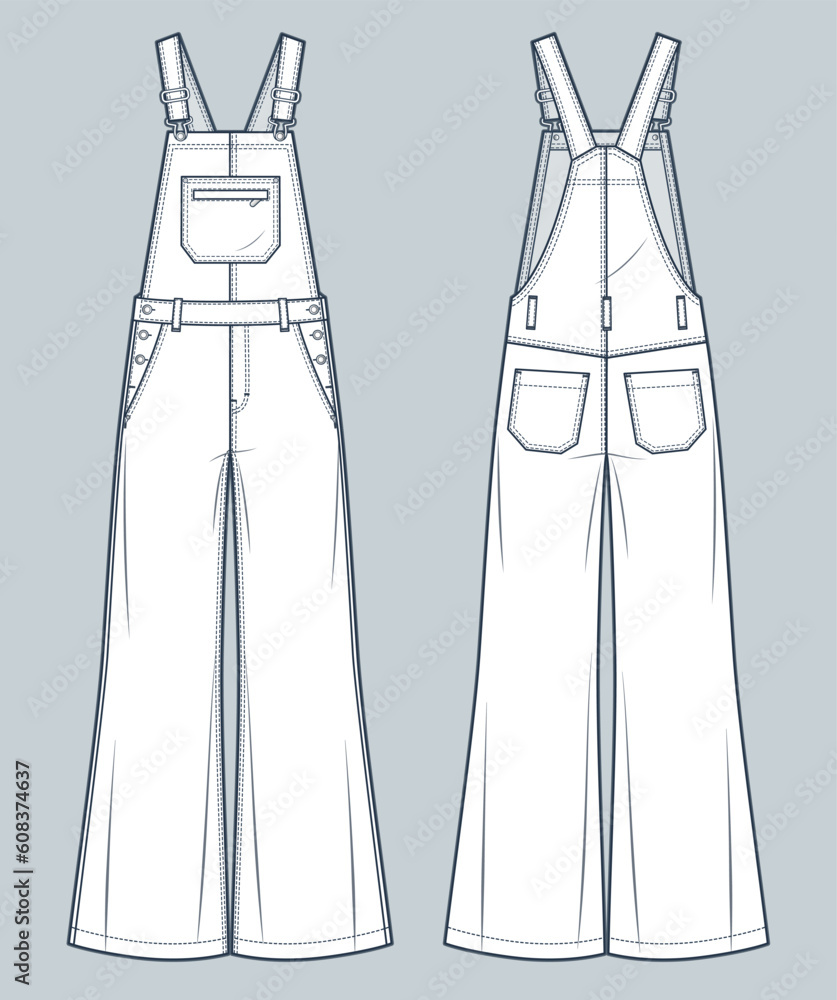 Denim Overalls fashion flat technical drawing template. Wide Leg ...