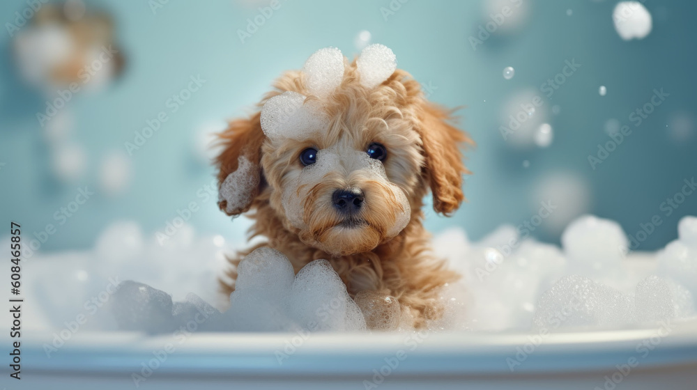 Baby puppy dog taking a bath full of soap foam created with generative AI technology Stock ...
