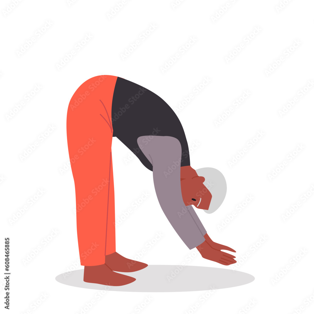 Senior man doing forward bend in yoga pose vector illustration. Cartoon ...