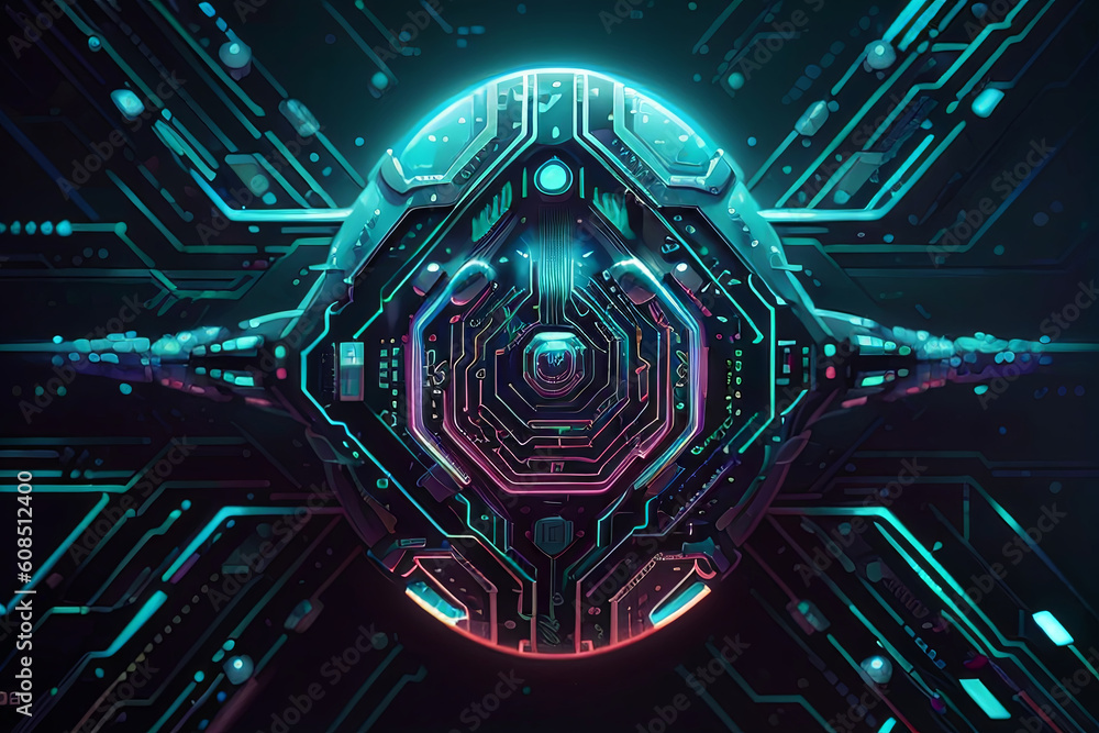 Sci-Fi Detailed Oval Shaped Electronic Digital Circuit Board Glowing ...