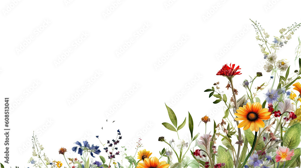 colorful wildflowers in full bloom as a frame border, isolated with ...