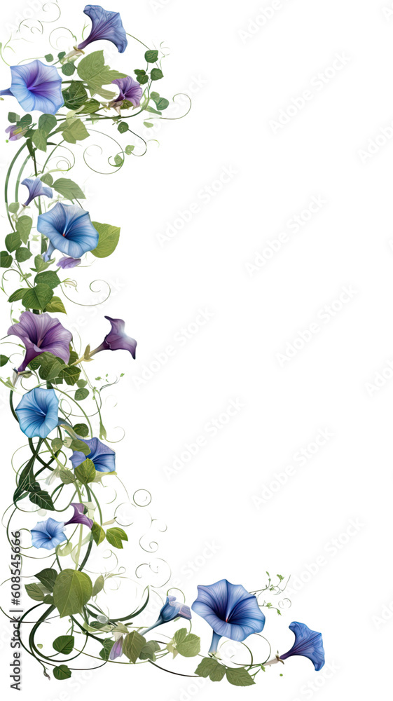whimsical morning glory vines as a frame border, isolated with negative ...