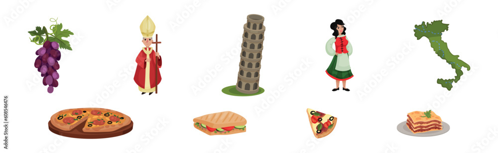 Italy Travel Elements with Pope, Map, Woman in Traditional Dress, Tower ...