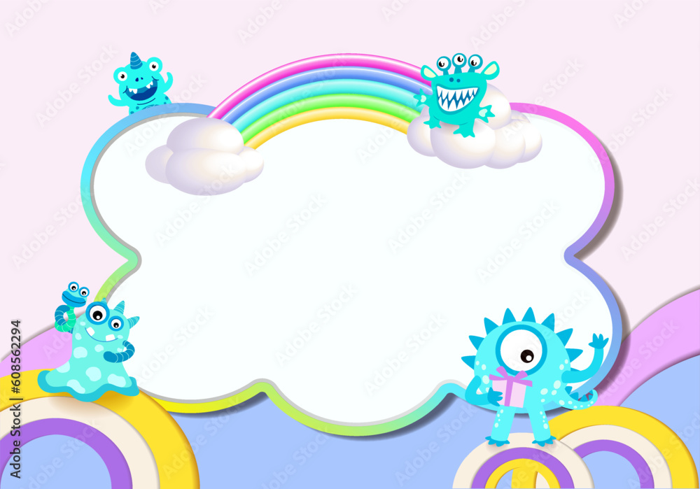 Cute monsters on frame vector cartoon illustration for birthday gift ...