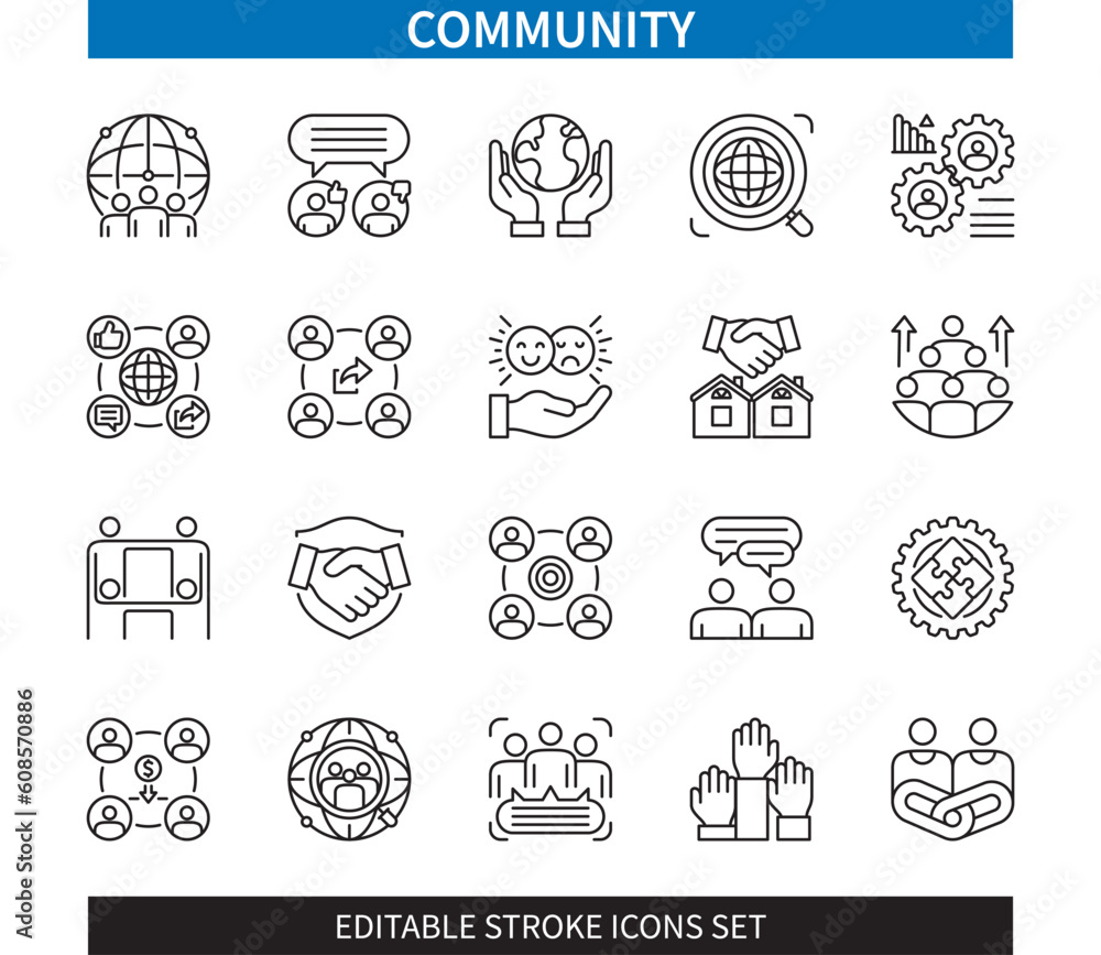 Editable line Community outline icon set. Support, society, social ...