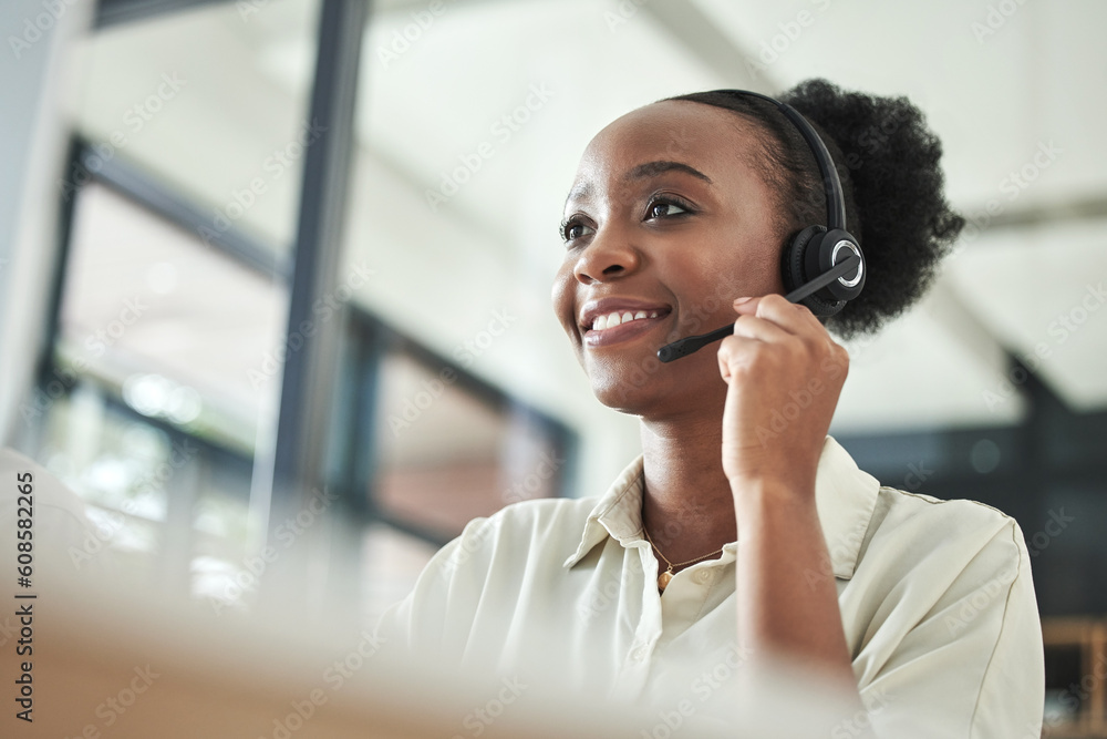 Black woman, call center and phone consultation with a smile in a ...