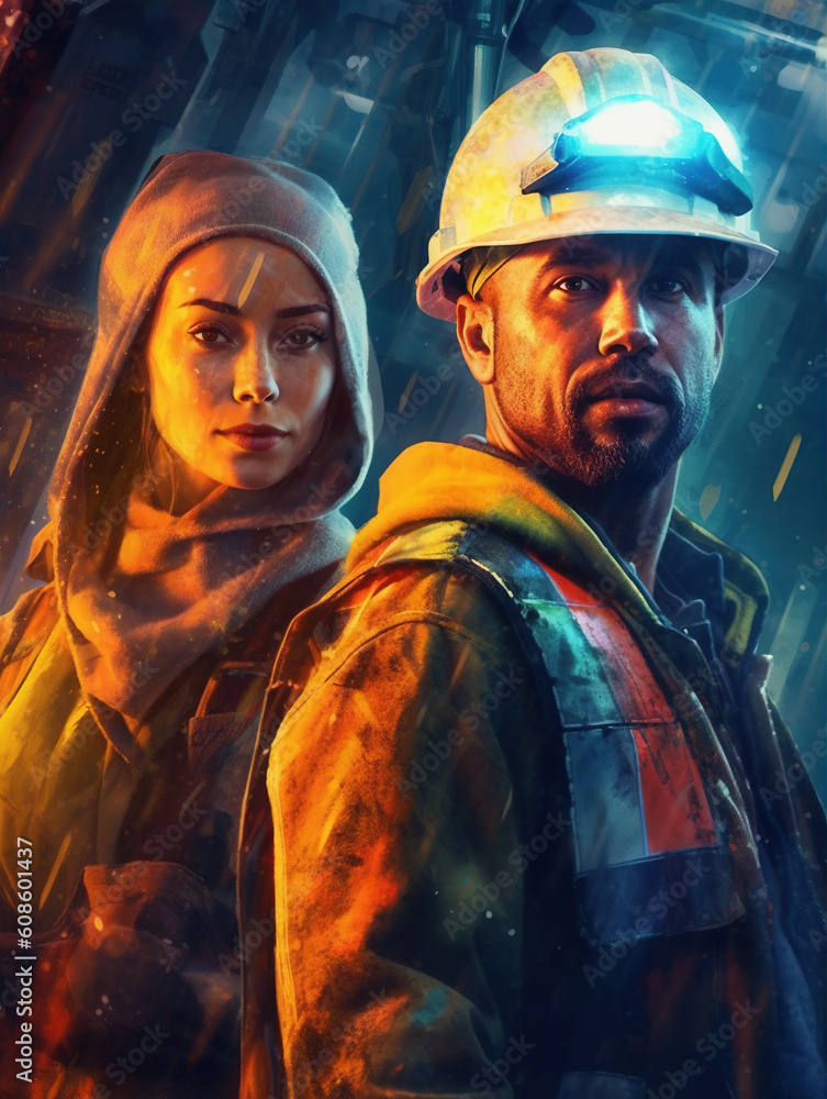 Team drill rig worker with hard hat and visibility jacket in large open ...