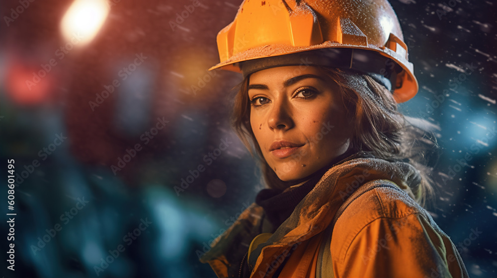 Team drill rig worker with hard hat and visibility jacket in large open ...