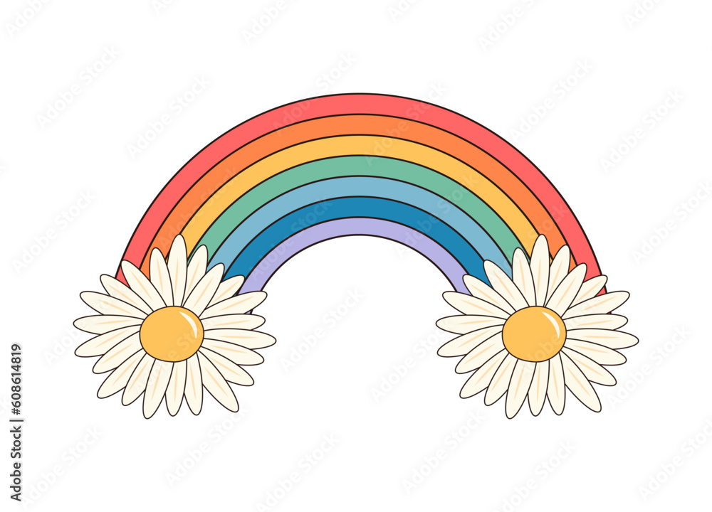 Hippie rainbow with daisies. Groovy retro psychedelic cartoon element ...