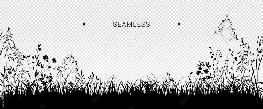 Field Grass Silhouette. Black and White Full Vector Greenery Texture on ...