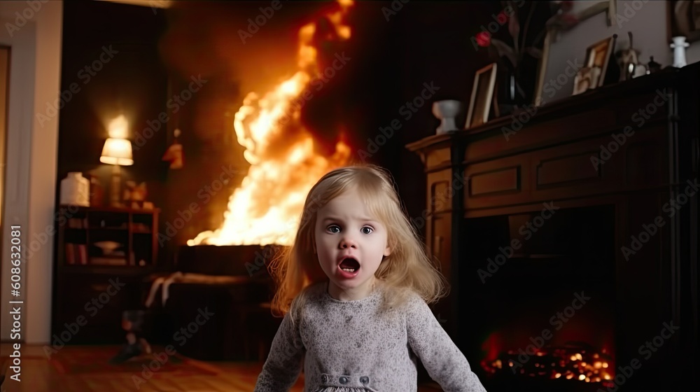 Scared little girl running away from fire in home, screaming girl ...