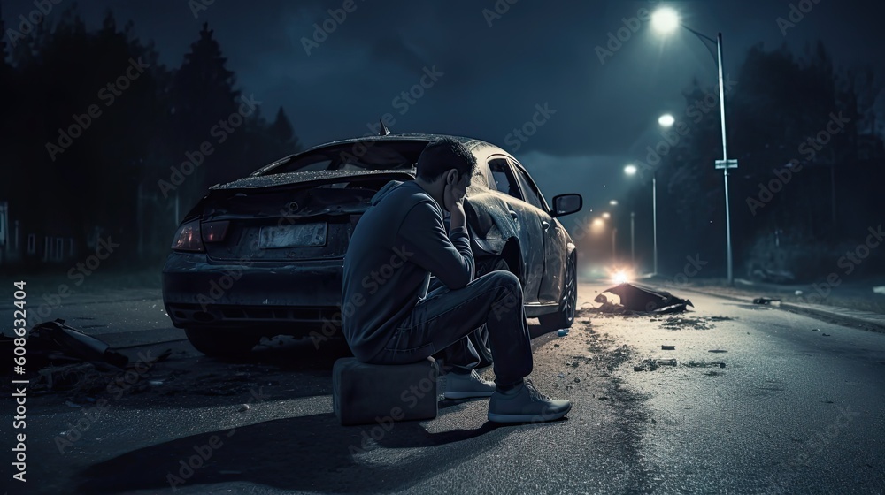 Crying man sitting near wrecked car on road, tragic car accident at ...