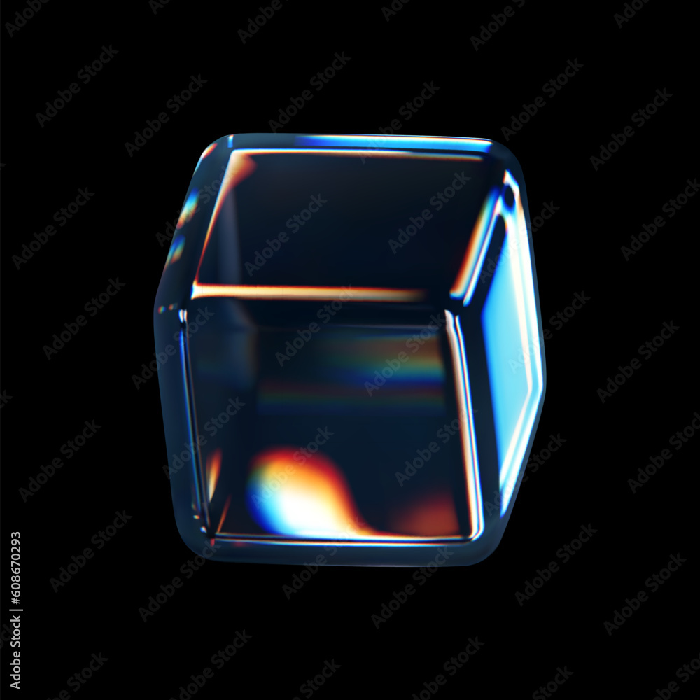 3d crystal glass cube with refraction and holographic effect isolated ...