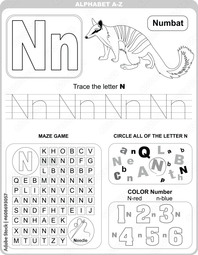 Worksheet for learning alphabet. Kids learning material. Letter N Stock ...