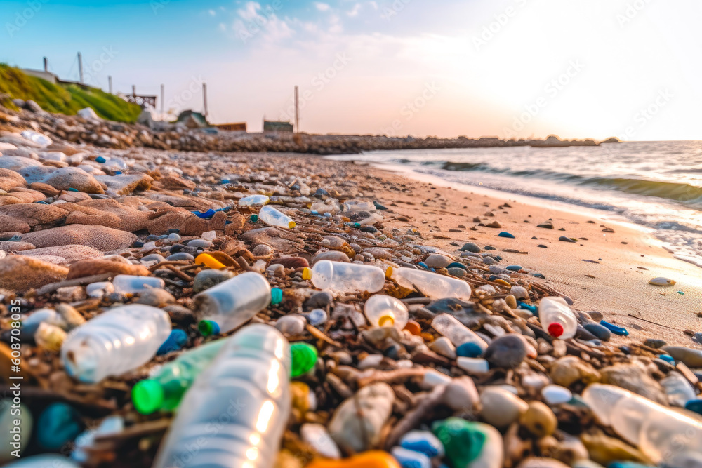 Plastic bottles and waste washed up on a beach. Micro plastic sea ...