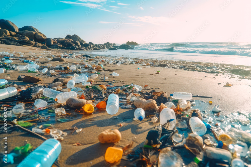 Plastic bottles and waste washed up on a beach. Micro plastic sea ...