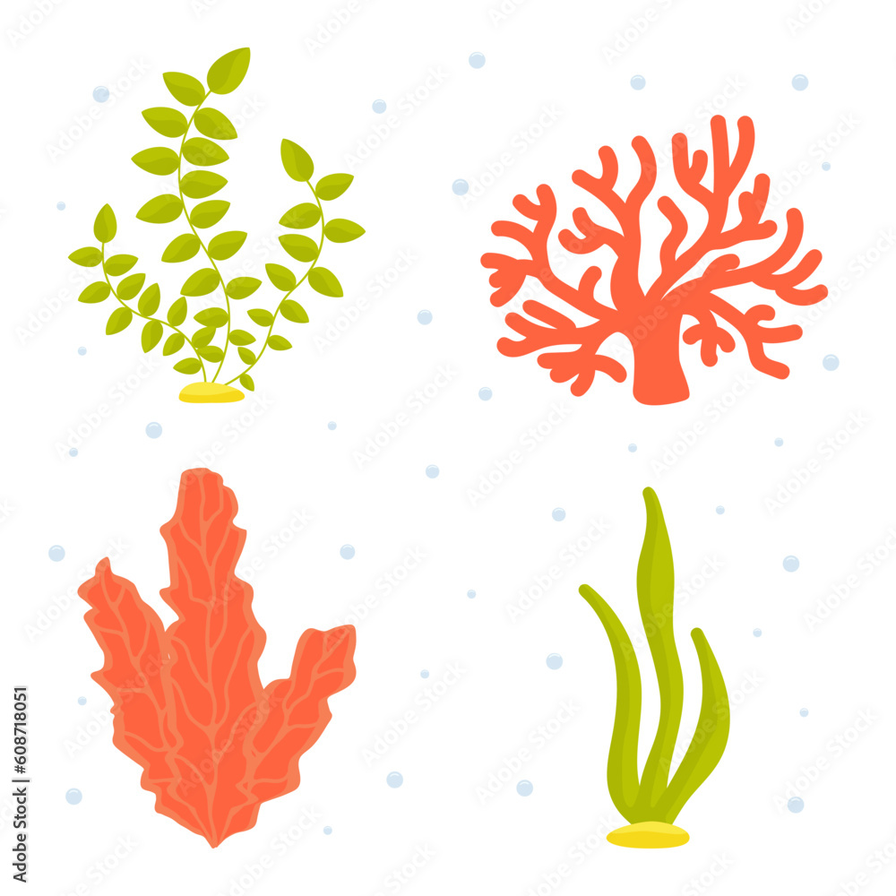 Vector illustration. Collection of underwater algae cartoon clipart ...