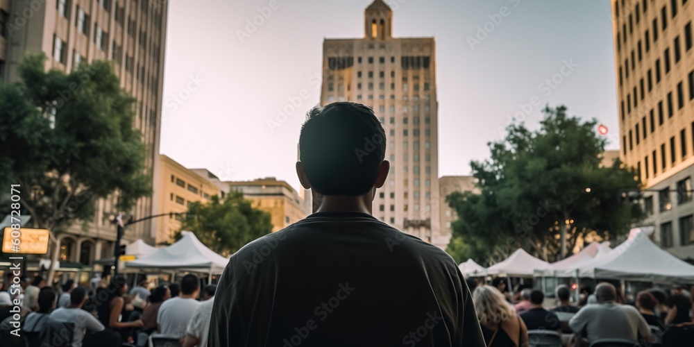 Person gazing at an open-air film screening, where a city building ...