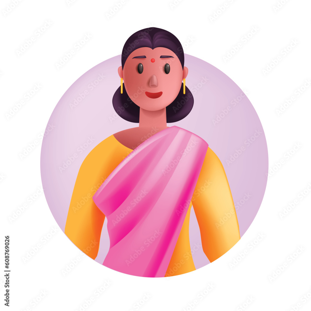 3D Indian woman avatar in sari, vector cartoon female character face ...
