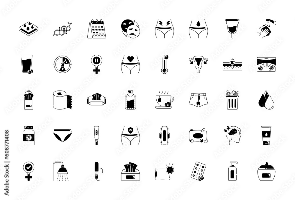 Menstruation icons set. Monthly menstrual cycle, thin design symbols ...