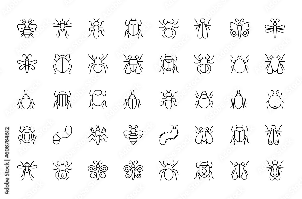 Set of 40 simple insect line icons. Linear vector signs pack. Perfect ...