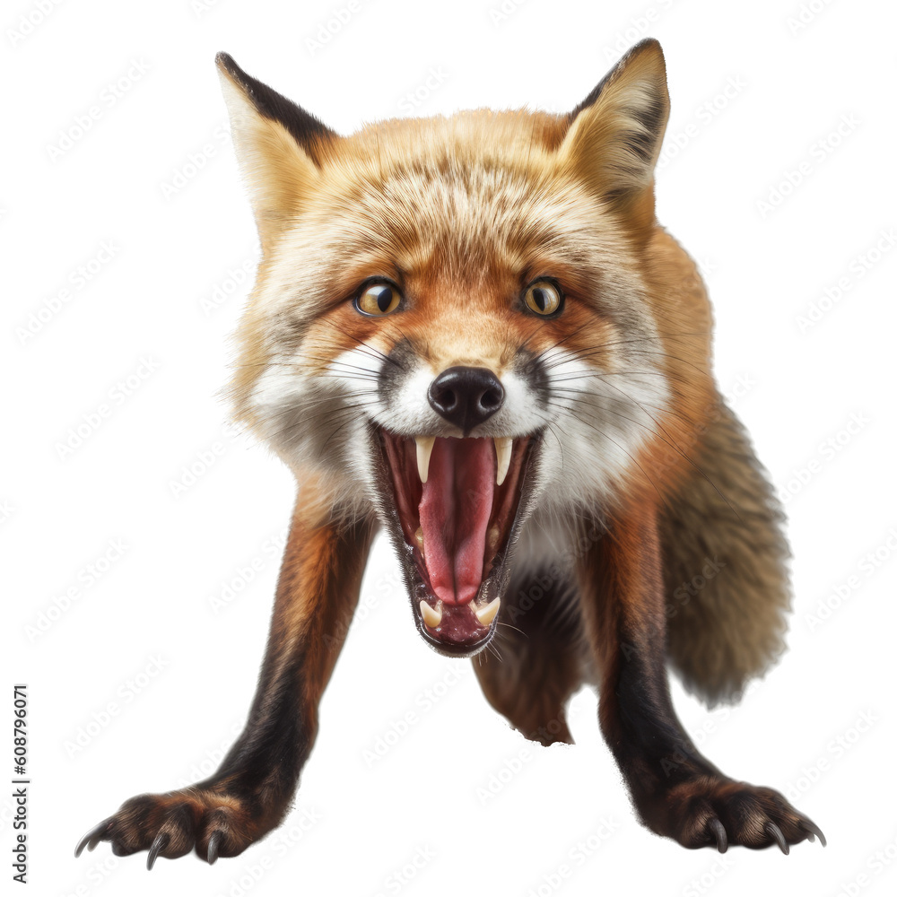 a full-body, vicious red fox in a frontal view as a transparent PNG ...