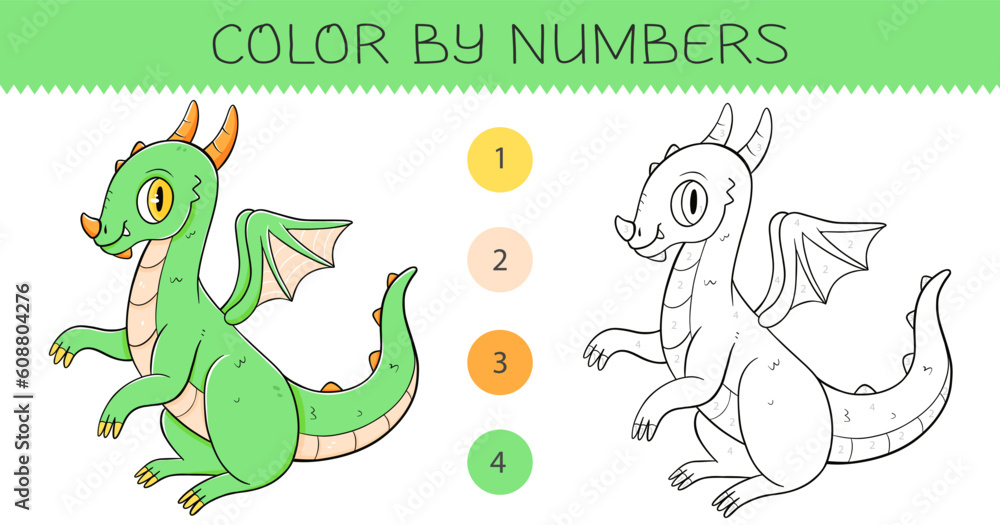 Color by numbers coloring book for kids with cute dragon. Coloring page ...