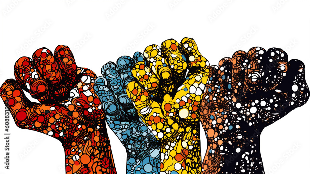 multi coloured fists punching upwards, unity, anti racismn concept ...