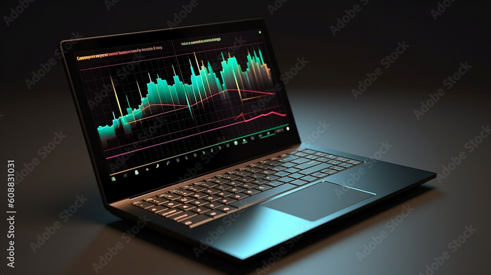 Laptop computer with sample spreadsheets, graph, document on the screen ...