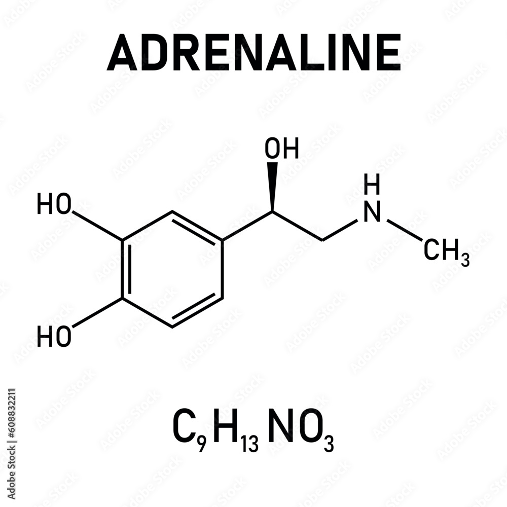 Chemical structure of Adrenaline or epinephrine (C9H13NO3). Chemical ...