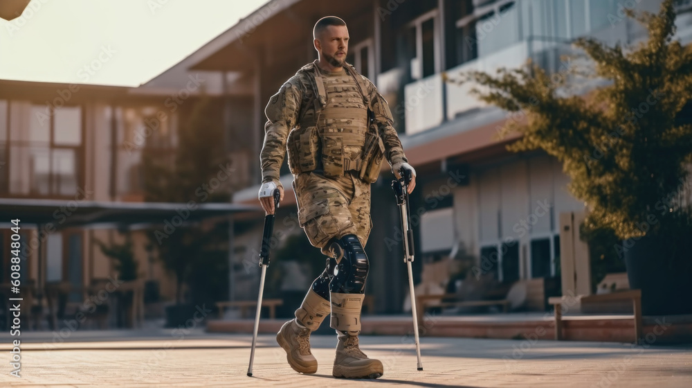 Physical therapy in the hospital. Rehabilitation of a soldier with leg ...