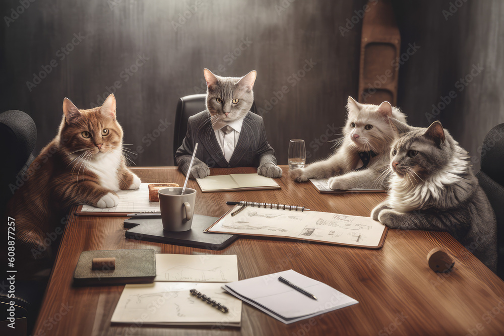Cats sitting around a boardroom table, dressed in business suits, one ...