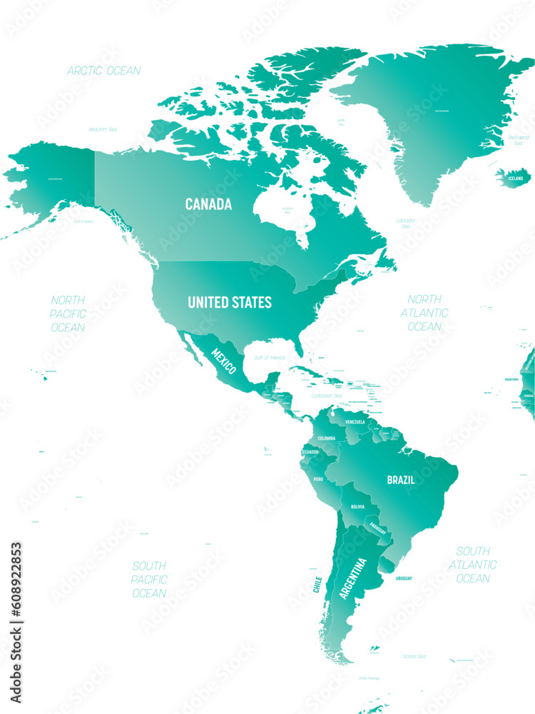 Americas - high detailed political map of North and South America ...
