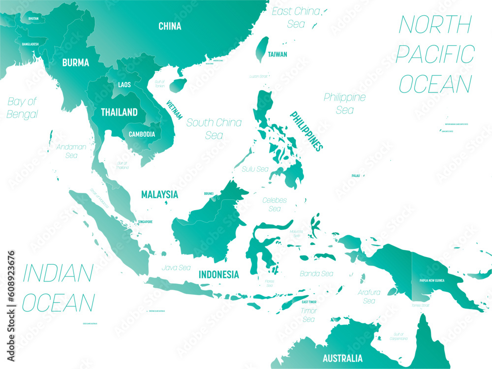 Southeast Asia - high detailed political map of southeastern region ...