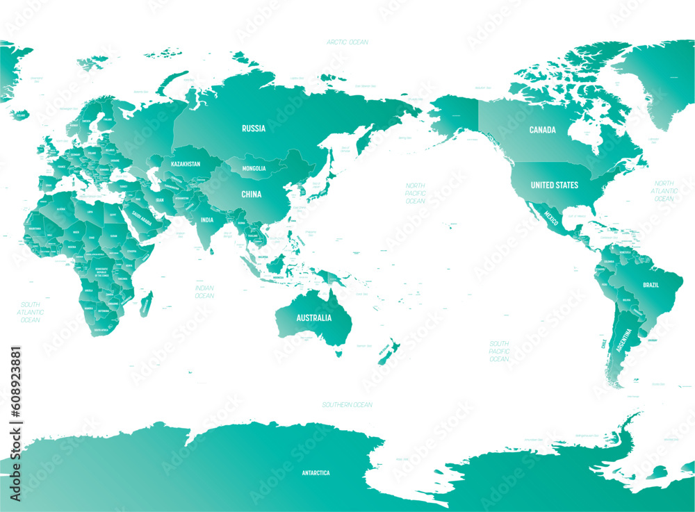 World map - Asia, Australia and Pacific Ocean centered. High detailed ...