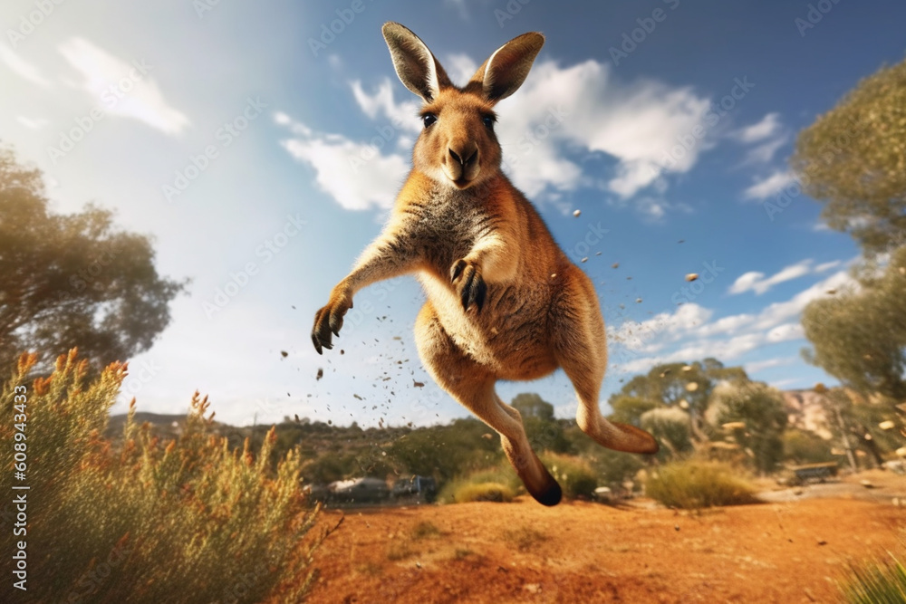 A photograph of a kangaroo in mid-jump, displaying its powerful hind ...