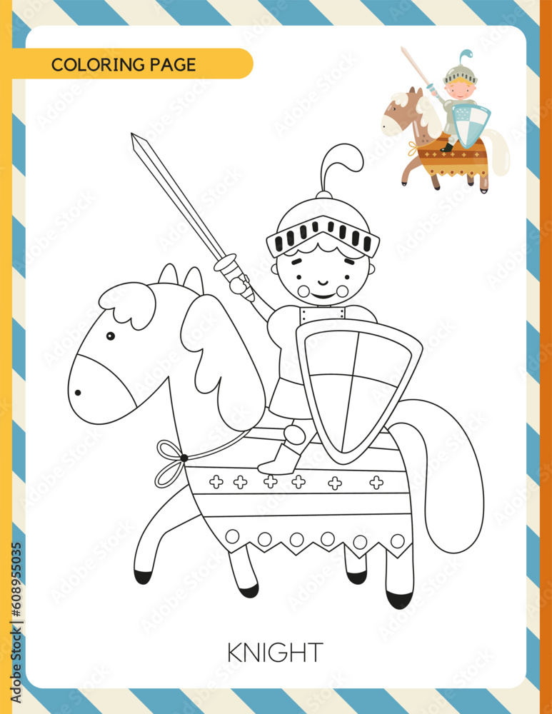 Activity page for kids – coloring page. Game worksheet with knight ...