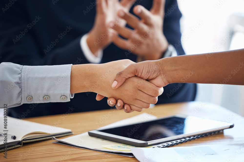 Thank you, colleagues shaking hands and in a business meeting in a ...