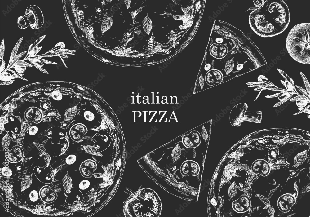 Traditional italian dishes. Hand-drawn illustration of Pizza. Italian ...