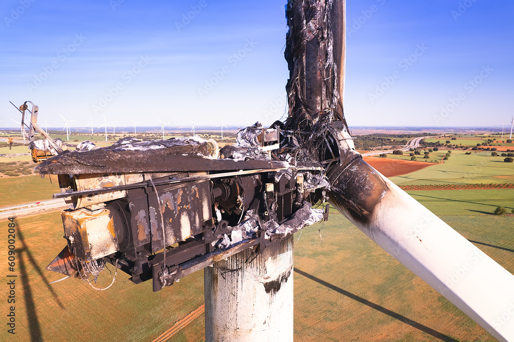 View From Above Of The Striking Panorama Of A Burned Out Wind Turbine View From Above Of The Striking Panorama Of A Burned Out Wind Turbine