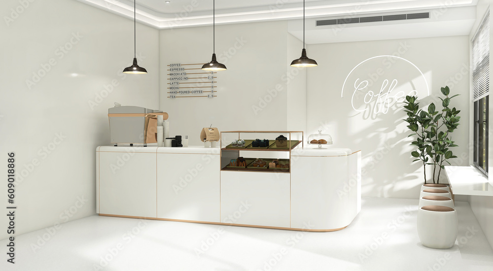 Small modern Korean style design cafe, glossy ivory white round corner ...