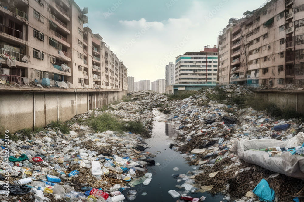 Generative AI illustration of various trash and plastic garbage litters ...