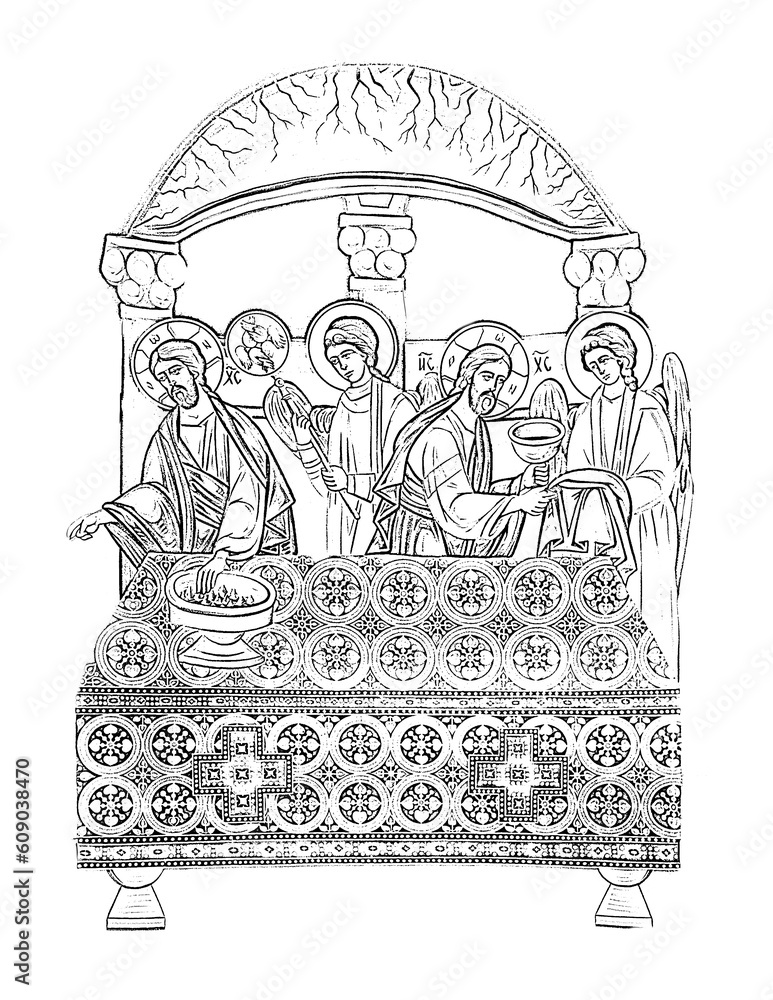 Eucharist. Holy Communion. Coloring page in Byzantine style on white ...